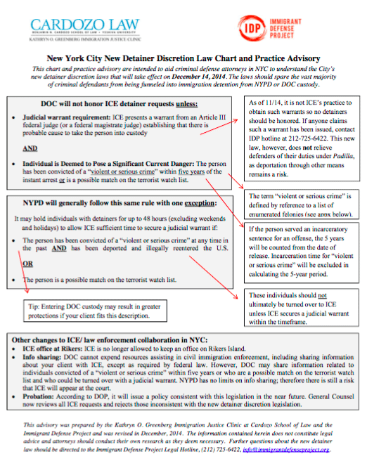 Practice Advisory: 2014 NYC Detainer Law - Immigrant Defense Project