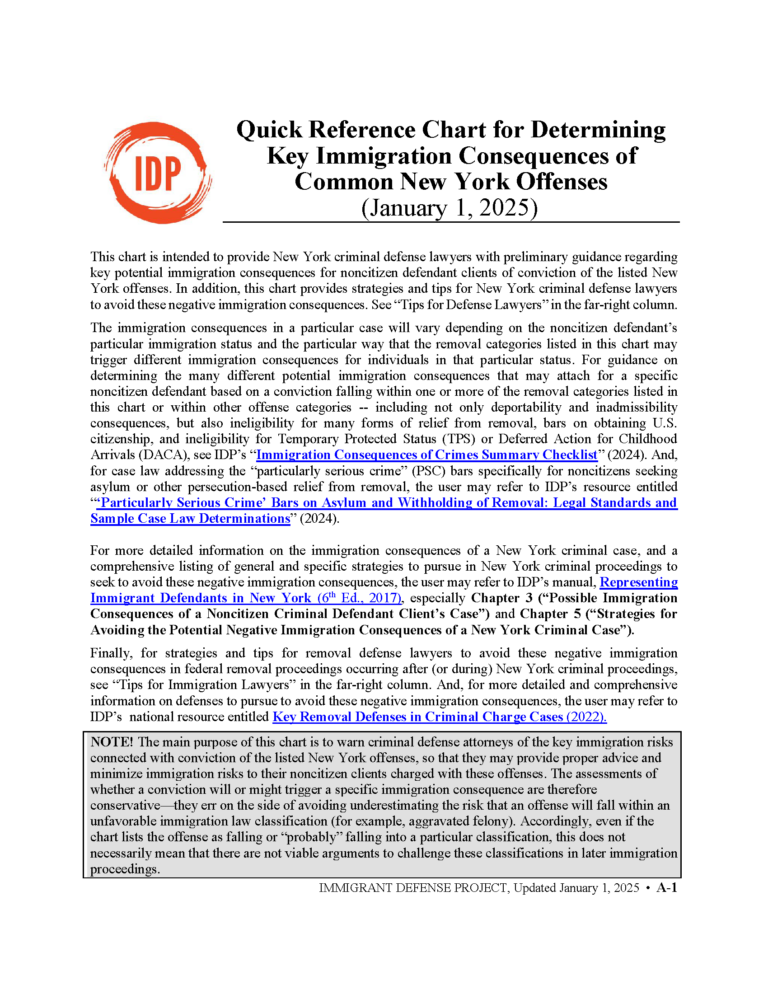 New York Quick Reference Chart 2025 Edition - Immigrant Defense Project